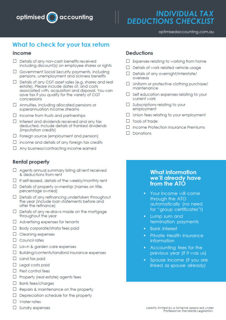 Individual Tax Deductions Checklist Screenshot - Optimised Accounting