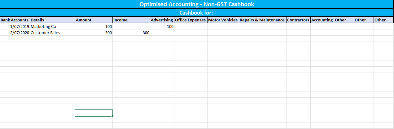 Sole Trader cashbook Screenshot - Optimised Accounting
